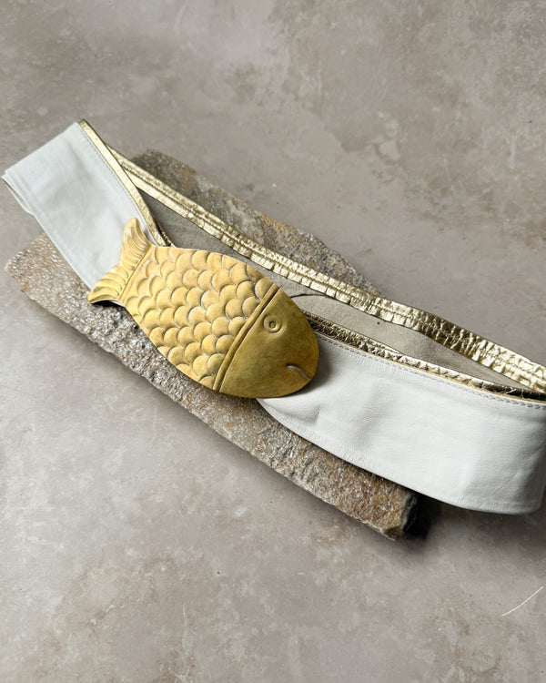 70s White Leather Fish Belt - Lucky Vintage