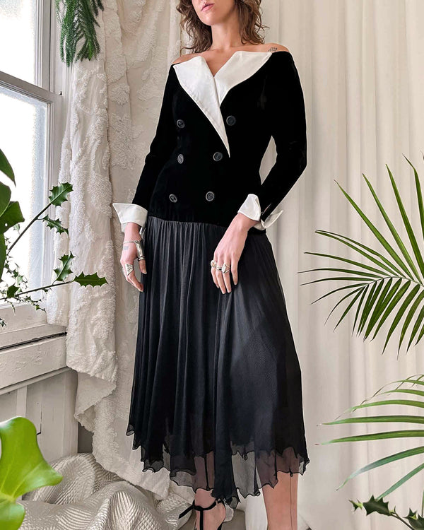 80s Off Shoulder Tuxedo Gown | S-M - Lucky Vintage